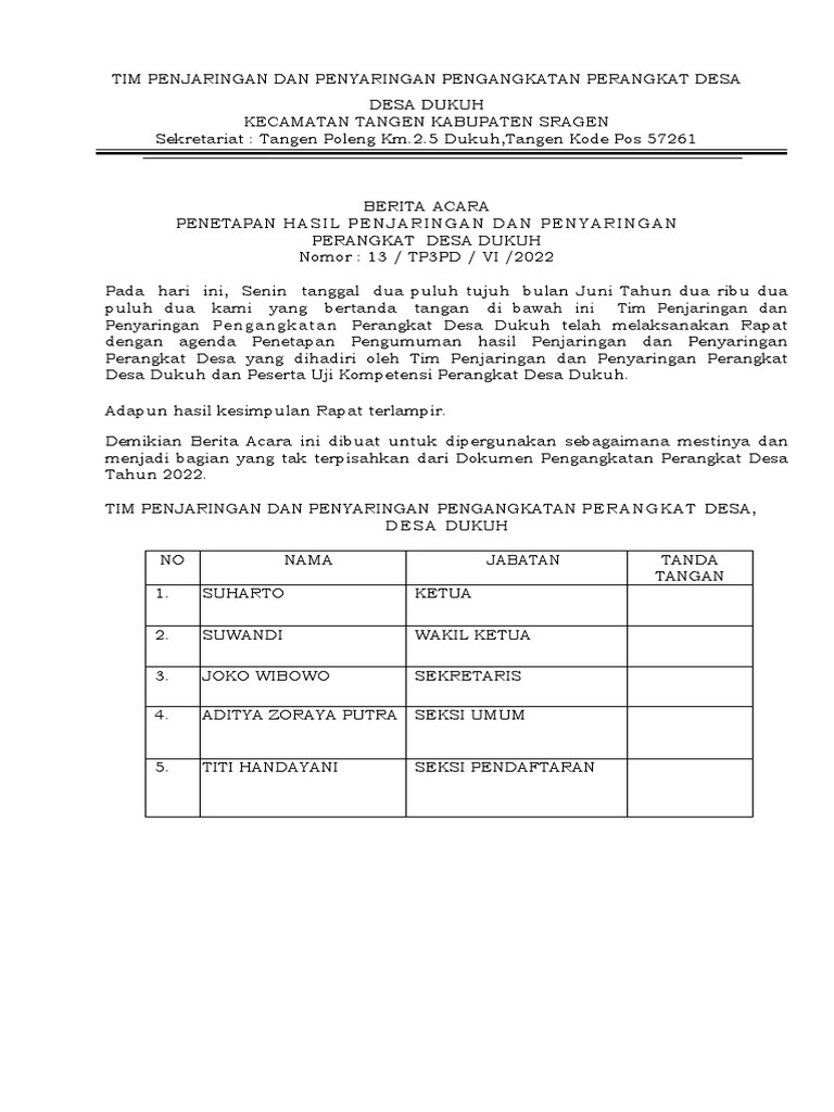 CONTOH BERITA ACARA PENETAPAN CALON PERANGKAT DESA | PDF