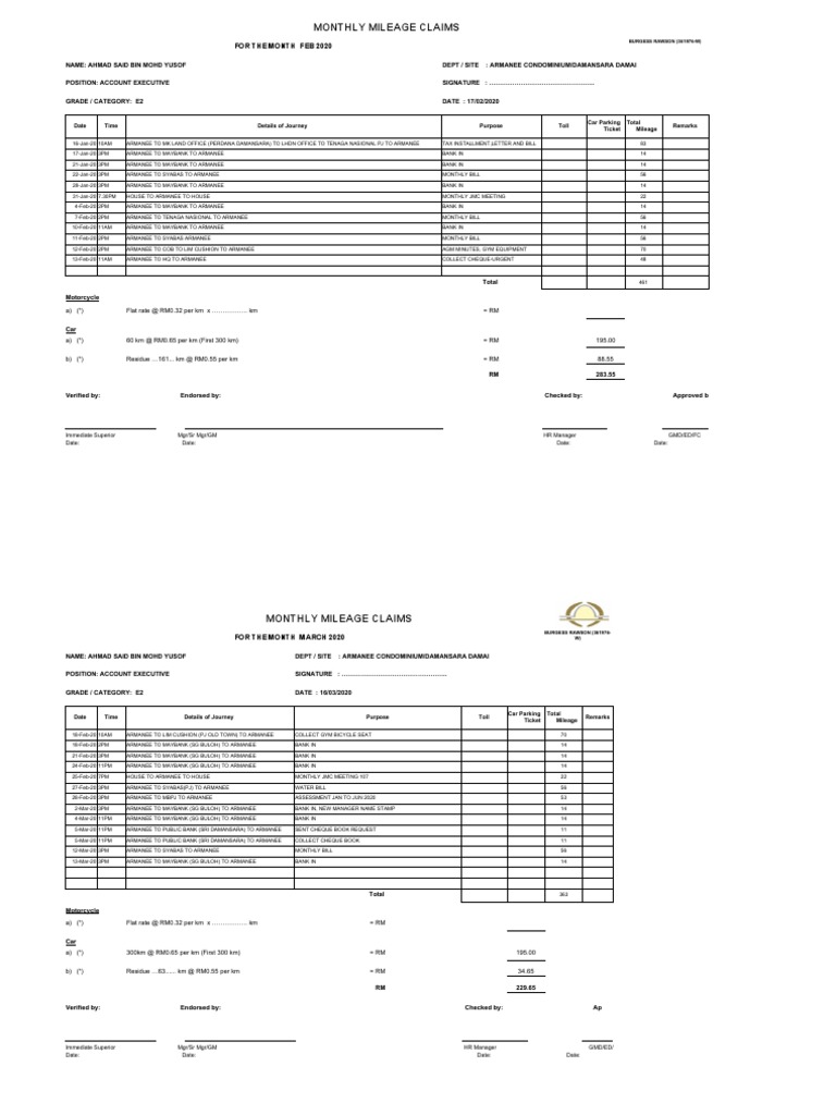 Monthly Mileage Claim Form - Current | PDF
