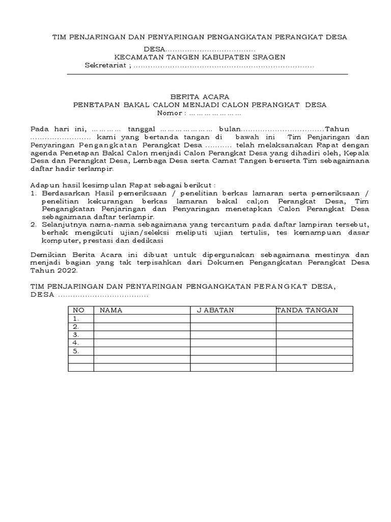 Berita Acara Penetapan Calon Perangkat Desa | PDF