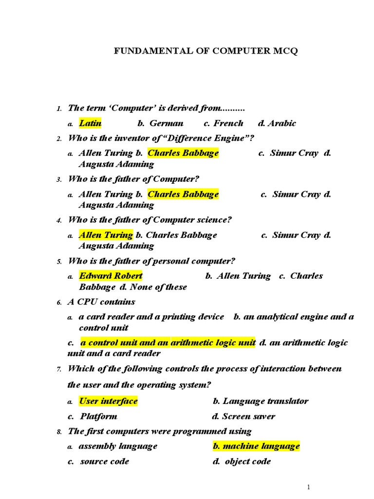 Fundamental of Computer MCQ: 1. A. 2. A. 3. A. 4. A. 5. A. 6. A ...