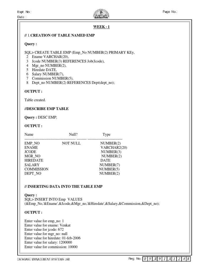 Document detailing the creation of tables, insertion of data, and ...