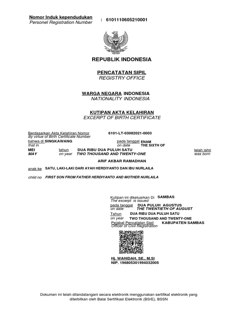 Arif Akbar Ramadhan (Akta Kelahiran) | PDF