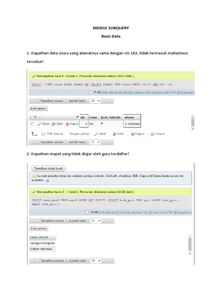 MODUL SUBQUERY Basis Data Lavina 22 XII RPL D | PDF