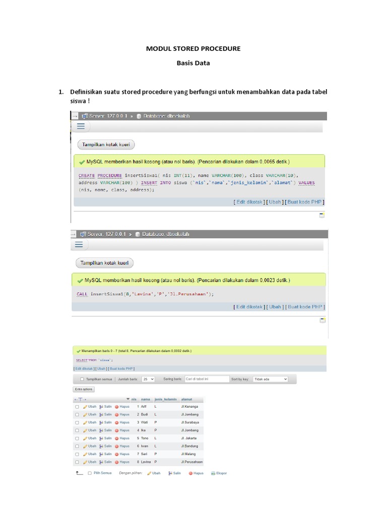 MODUL STORED PROCEDURE Basis Data Lavina 22 XII RPL D | PDF