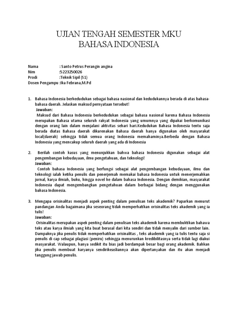 UJIAN TENGAH SEMESTER MKU B.I (Santo Petrus) | PDF