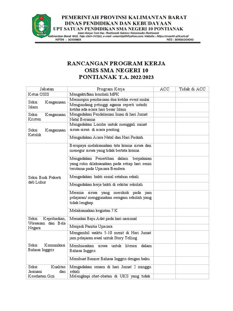 Rencana Kerja OSIS SMA 10 Pontianak | PDF
