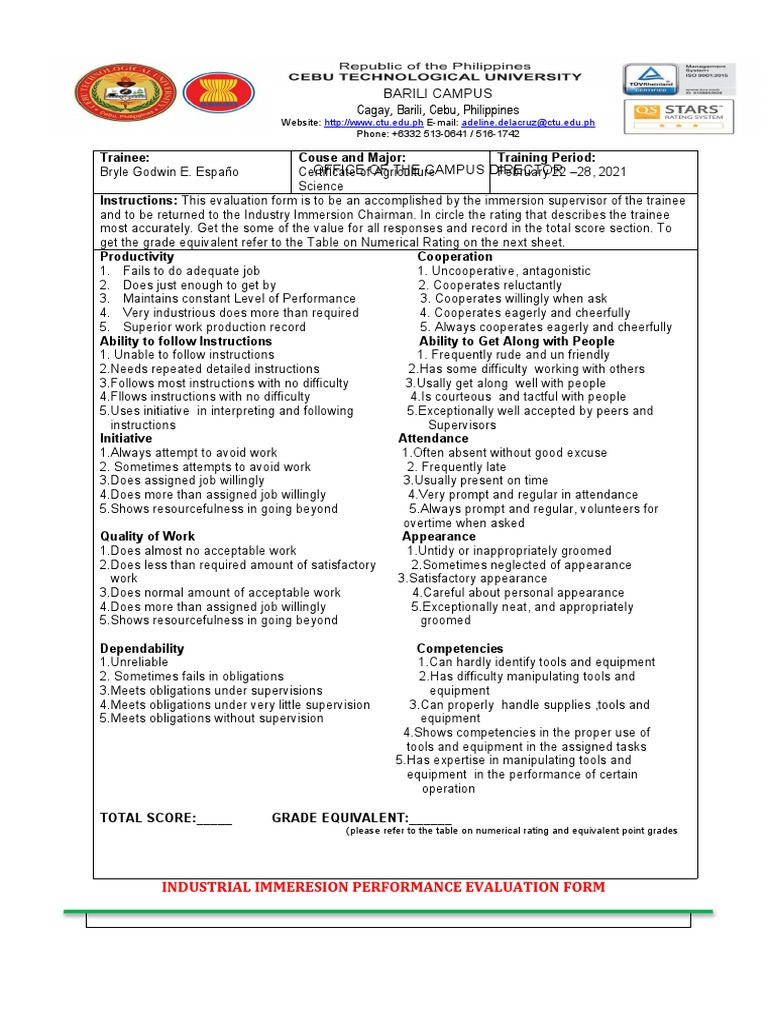 Evaluation Form For Ojt | PDF