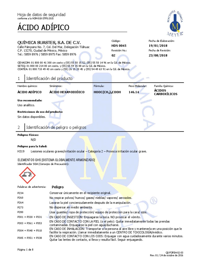 Hoja de Seguridad: Ácido Adípico | PDF | Residuos | Agua