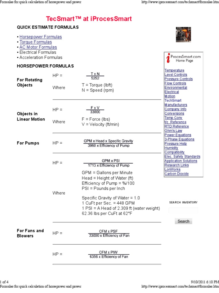 Formulas for Quick Calculation of Horsepower and Power | Horsepower ...