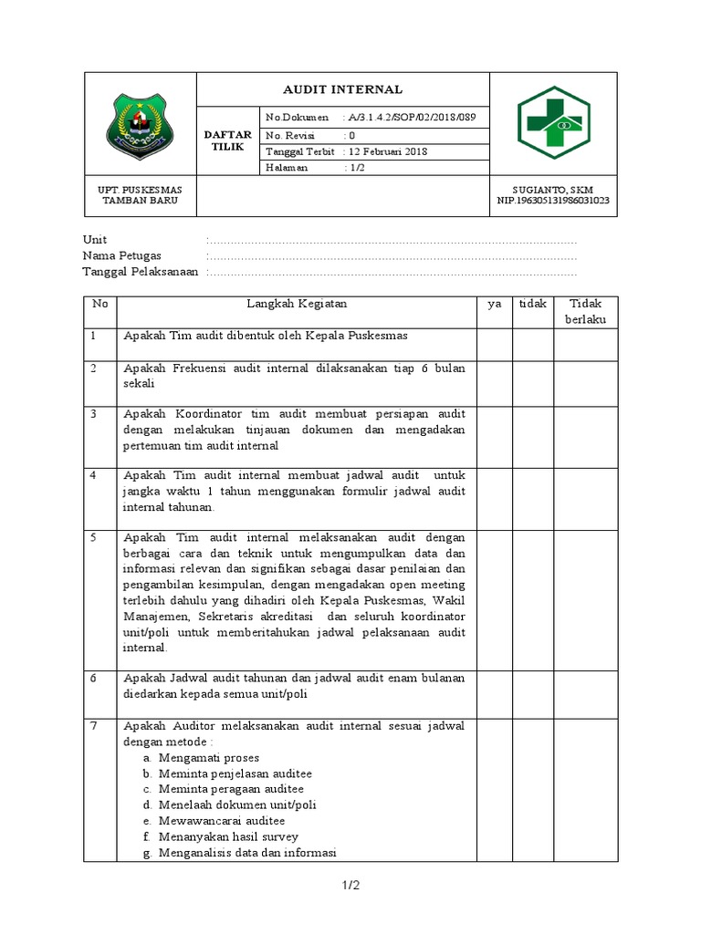 Daftar Tilik Audit Internal | PDF