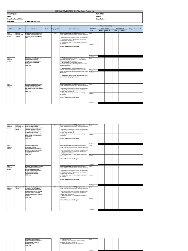 Mid-Year Review Form SY 2022-2023 For Highly Proficient Teachers | PDF