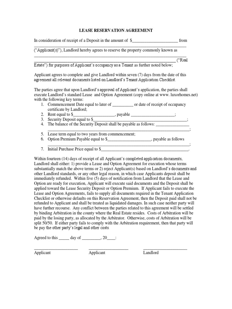 Lease Reservation Agreement Template | PDF | Lease | Landlord