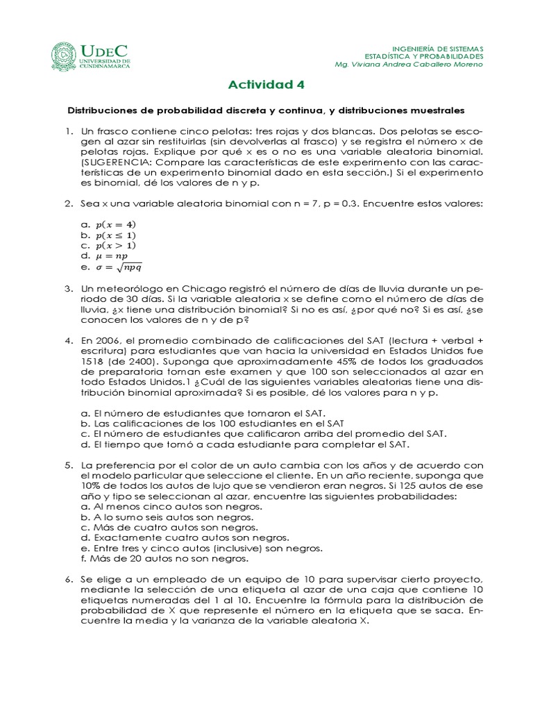 Actividad 4: Distribuciones de Probabilidad Discreta y Continua, y ...