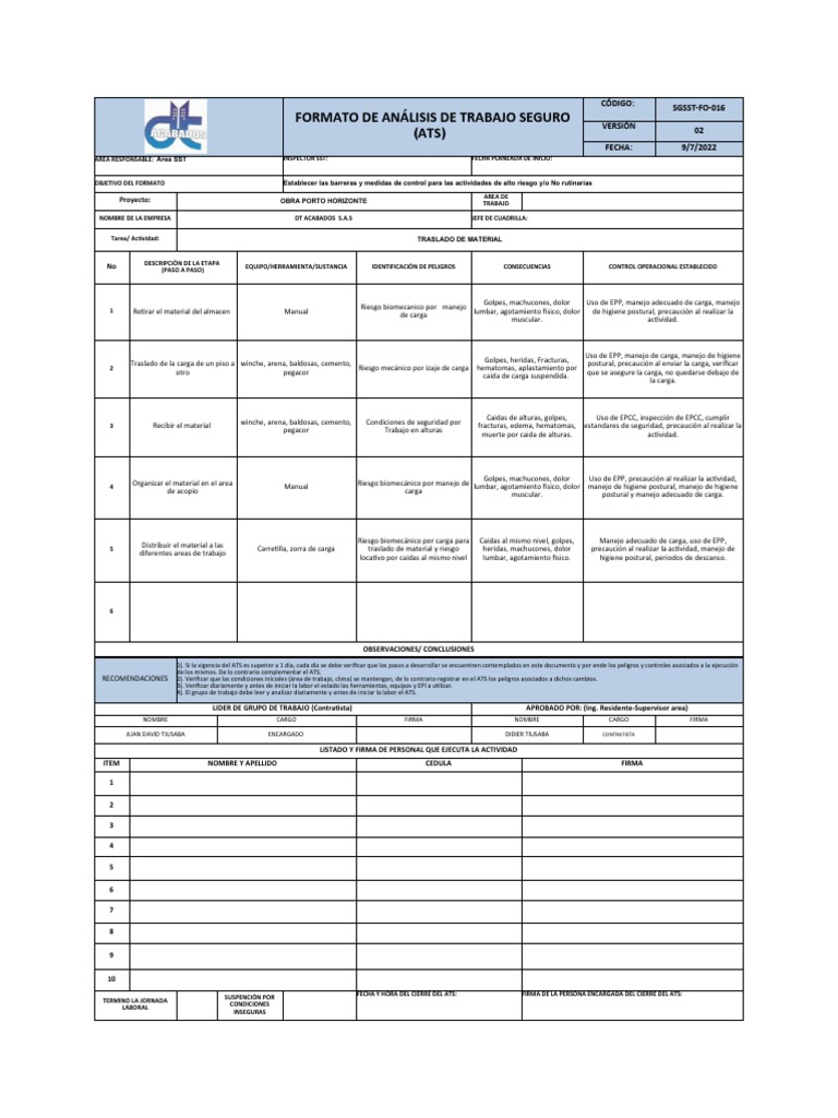 Sgsst-Fo-016 Ats Traslado de Material | PDF