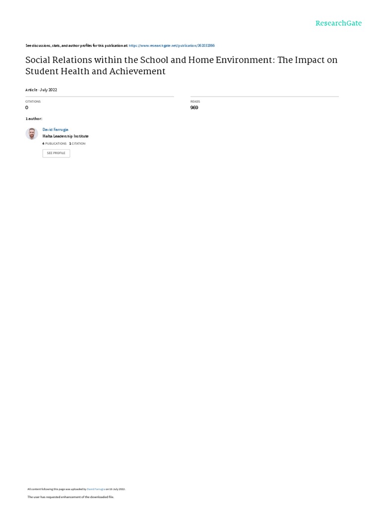 Social Relations Within The School and Home Environment: The Impact On ...
