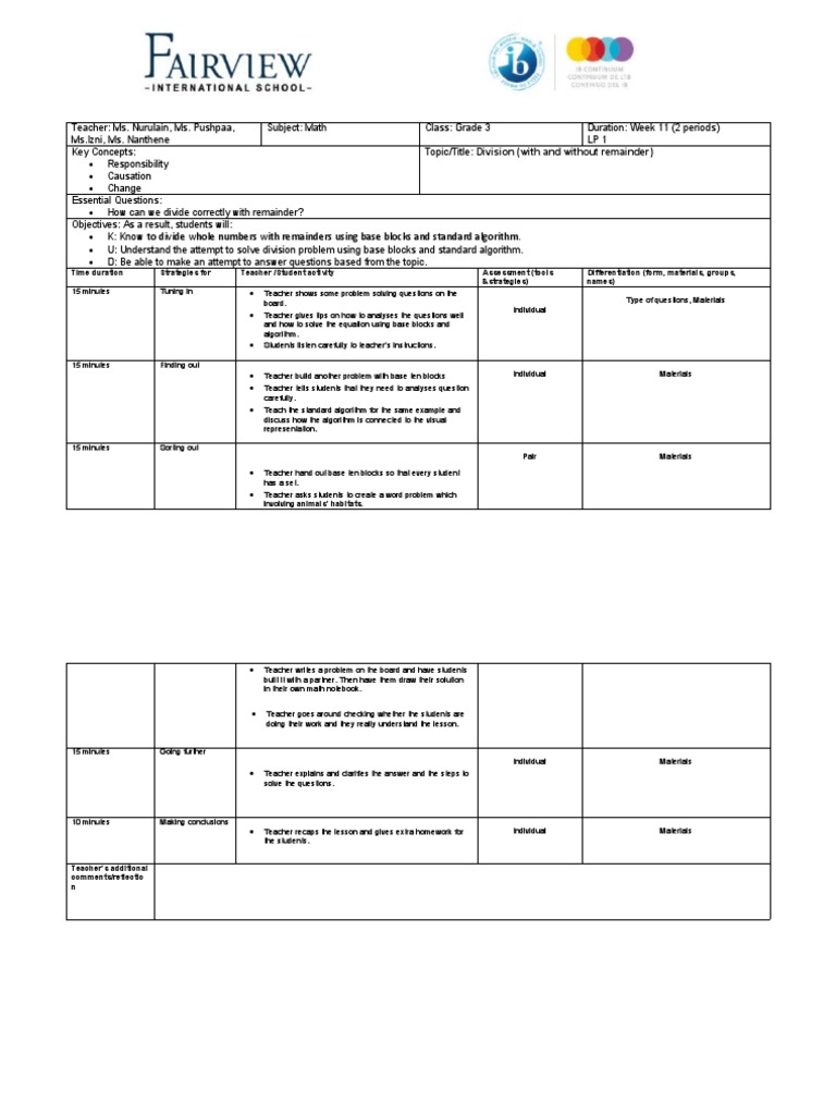 Math Lesson Plan Week 11 - Division (With and Without Remainder) | PDF