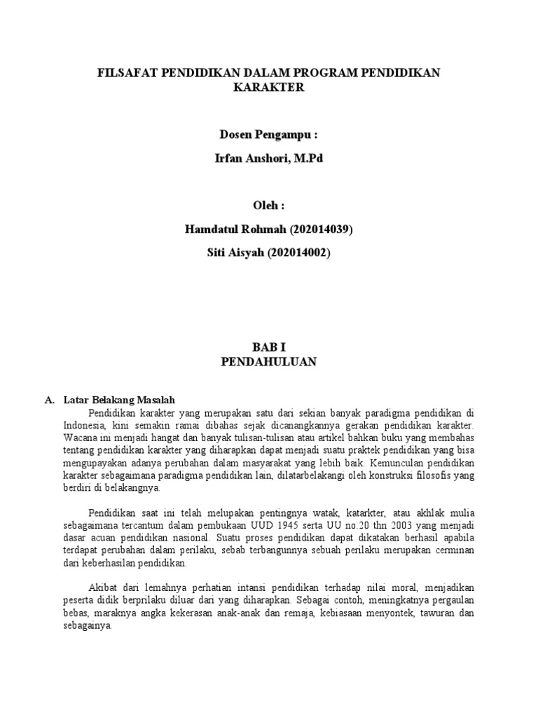 Filsafat Pendidikan Dalam Program Pendidikan Karakter | PDF