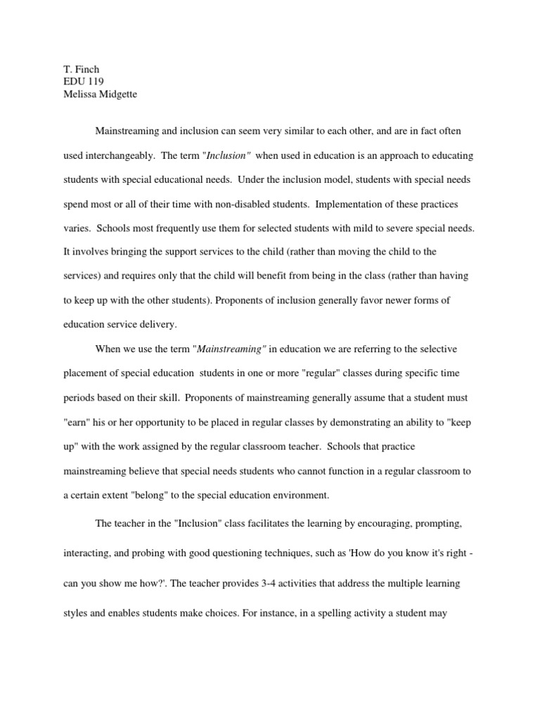 Compare and Contrast Mainstreaming and Inclusion Model Classrooms | PDF ...
