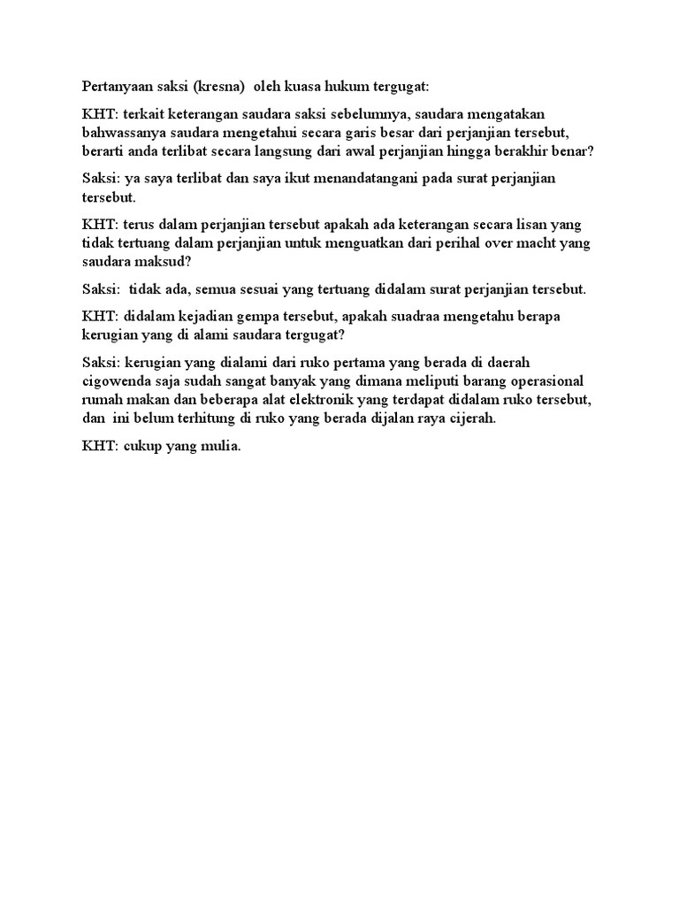 Pertanyaan Saksi Oleh KHT | PDF