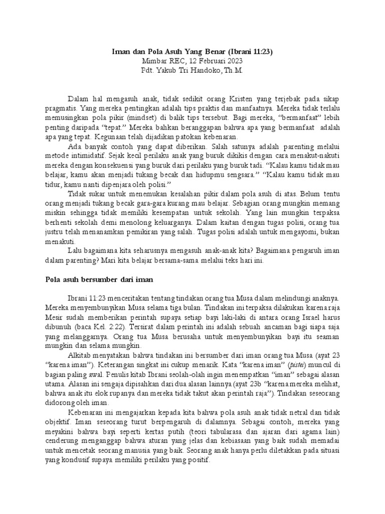Iman Dan Pola Asuh Yang Benar (Ibr. 11.23) | PDF