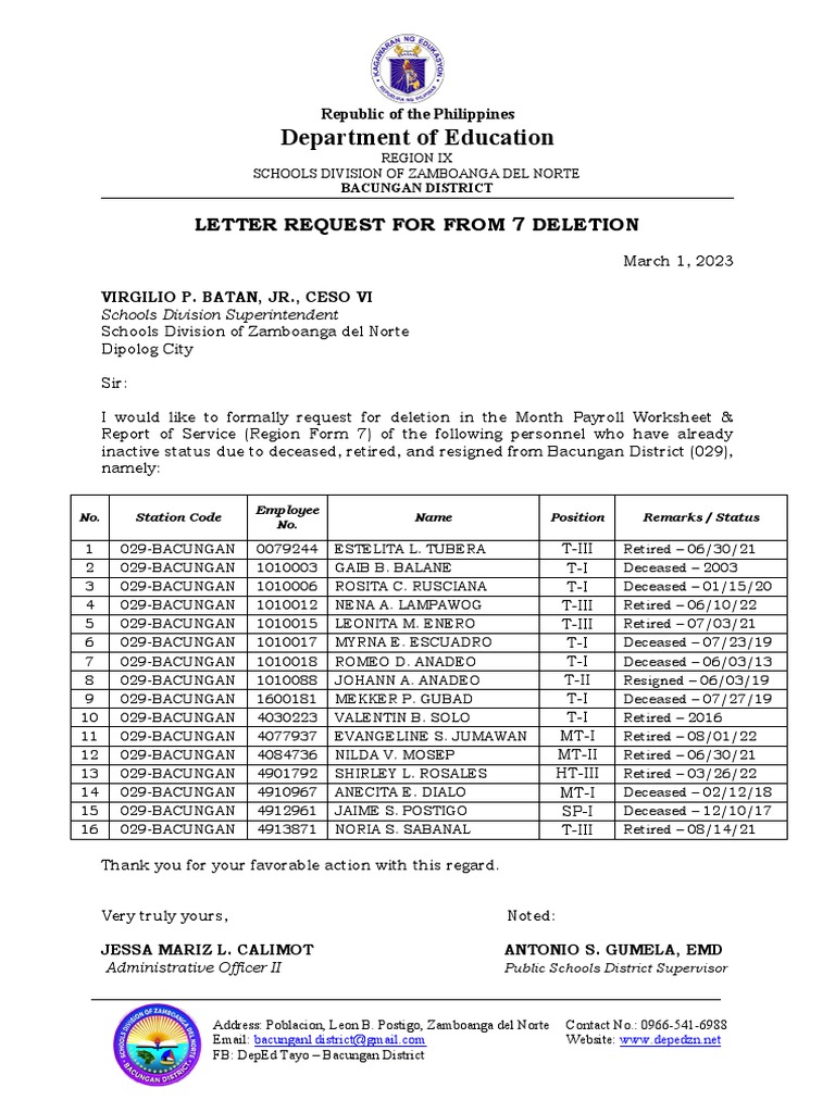 Request for Payroll Deletion | PDF