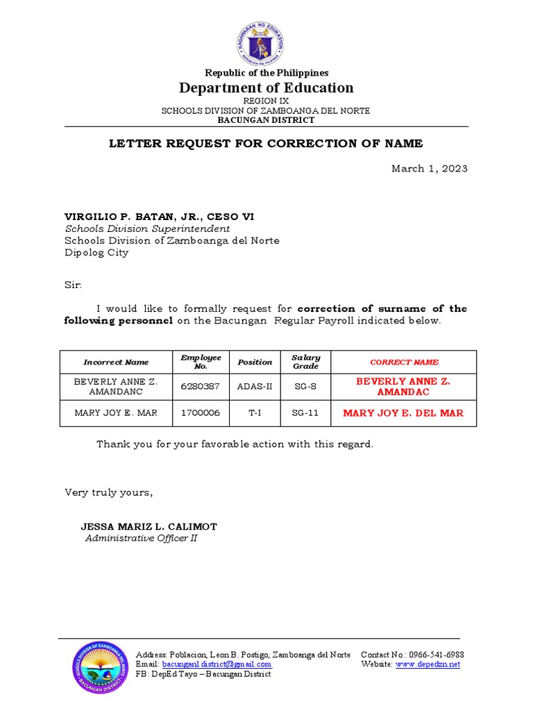 Name Correction Request Letter | PDF