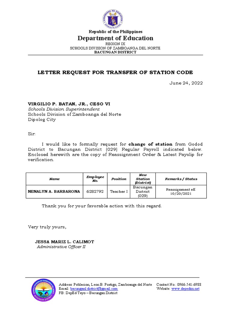 LETTER REQUEST FOR TRANSFER OF STATION | PDF