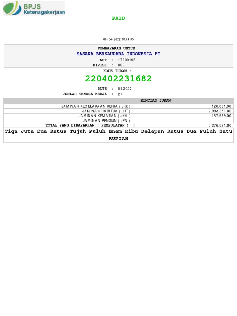 Sasana Bersaudara Indonesia PT: Tiga Juta Dua Ratus Tujuh Puluh Enam Ribu Delapan Ratus Dua ...