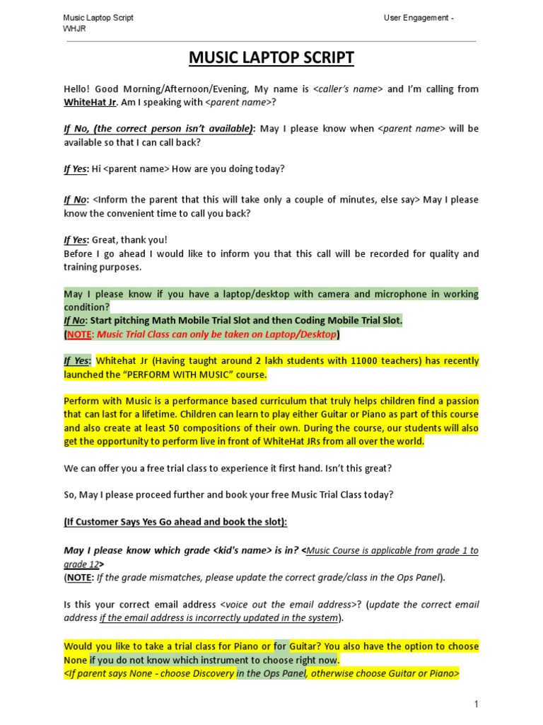 Music Laptop Script (WhiteHat JR Customers) | PDF