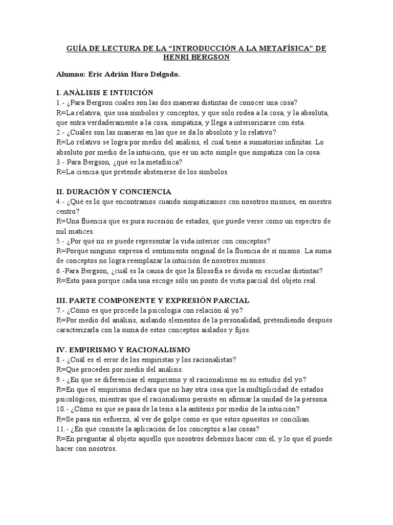 Bergson, Guía | PDF | Metafísica | Intuición
