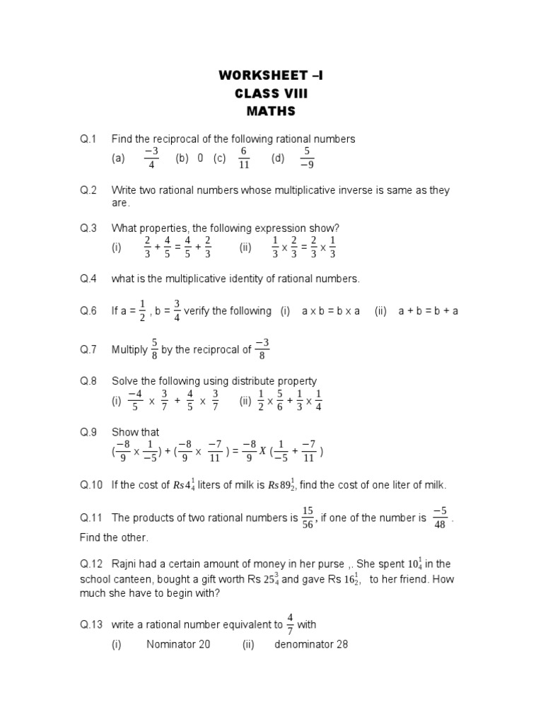 Maths Class Viii Worksheet 1 | PDF | Multiplication | Abstract Algebra