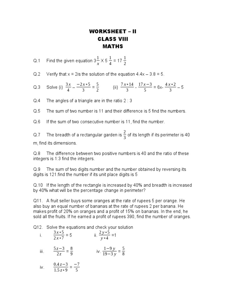 Worksheet Class VIII | PDF