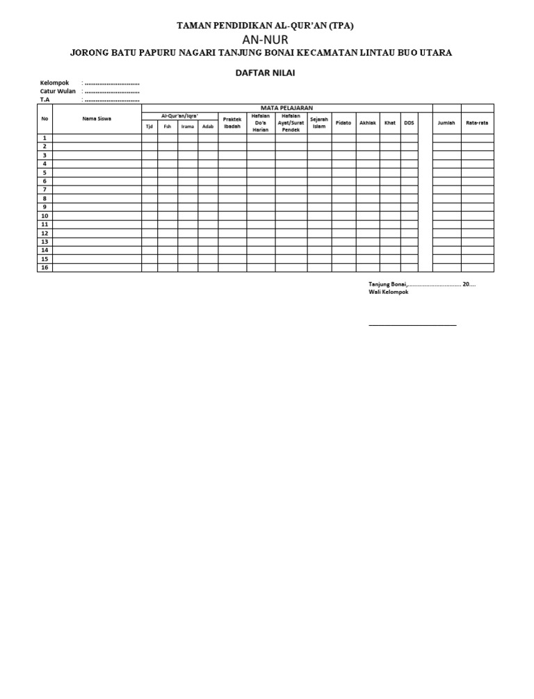 Leges Nilai Santri Tpa An Nur Pdf