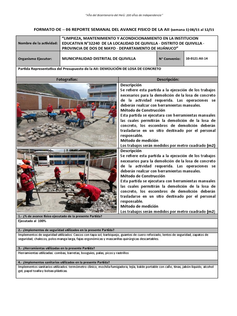 1 Oe-06 Reporte Semanal de Avance Físico Semana 1 | PDF
