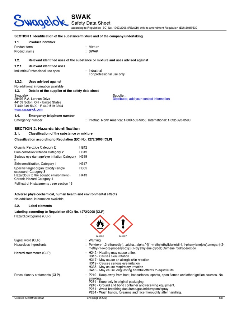 Safety Data Sheet for SWAK Mixture Containing Organic Peroxide and Skin ...
