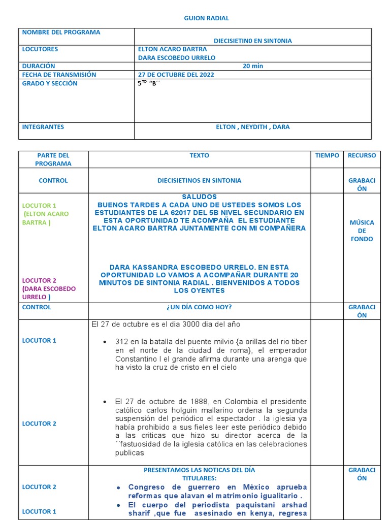 Formato Guion Radial - 5b - Silvia, Elto, Dara, Neydith, Liz | PDF | Perú