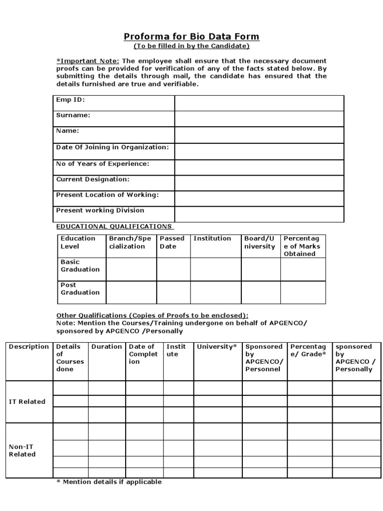 Bio Data Form Template for Candidates | PDF