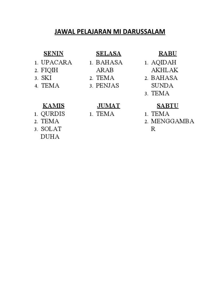 Jawal Pelajaran Mi Darussalam | PDF