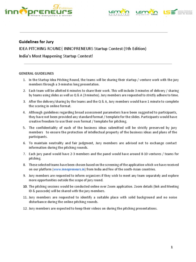Innopreneurs 9th Edition Idea Pitching Rounds - Guidelines For Jury | PDF | Business