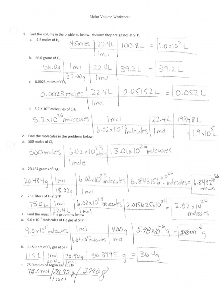 Molar Volume Worksheet Answers | PDF
