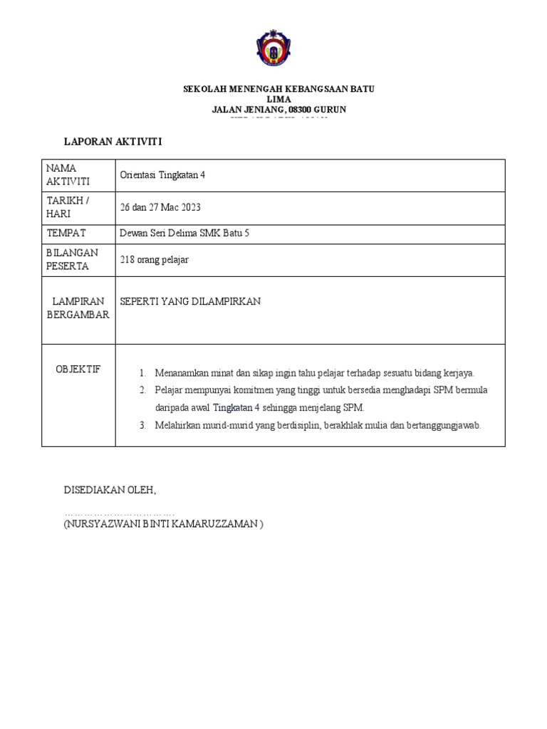 Laporan Aktiviti: Sekolah Menengah Kebangsaan Batu Lima Jalan Jeniang ...