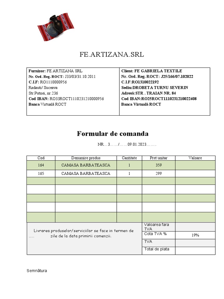Formular de Comanda (1) Fe Artiziana SRL | PDF