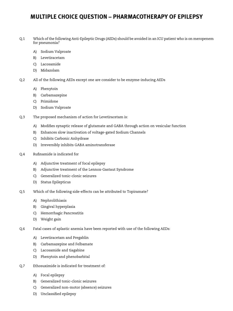 Epilepsy Pharmacotherapy Quiz Questions | PDF | Epilepsy | Disorders ...