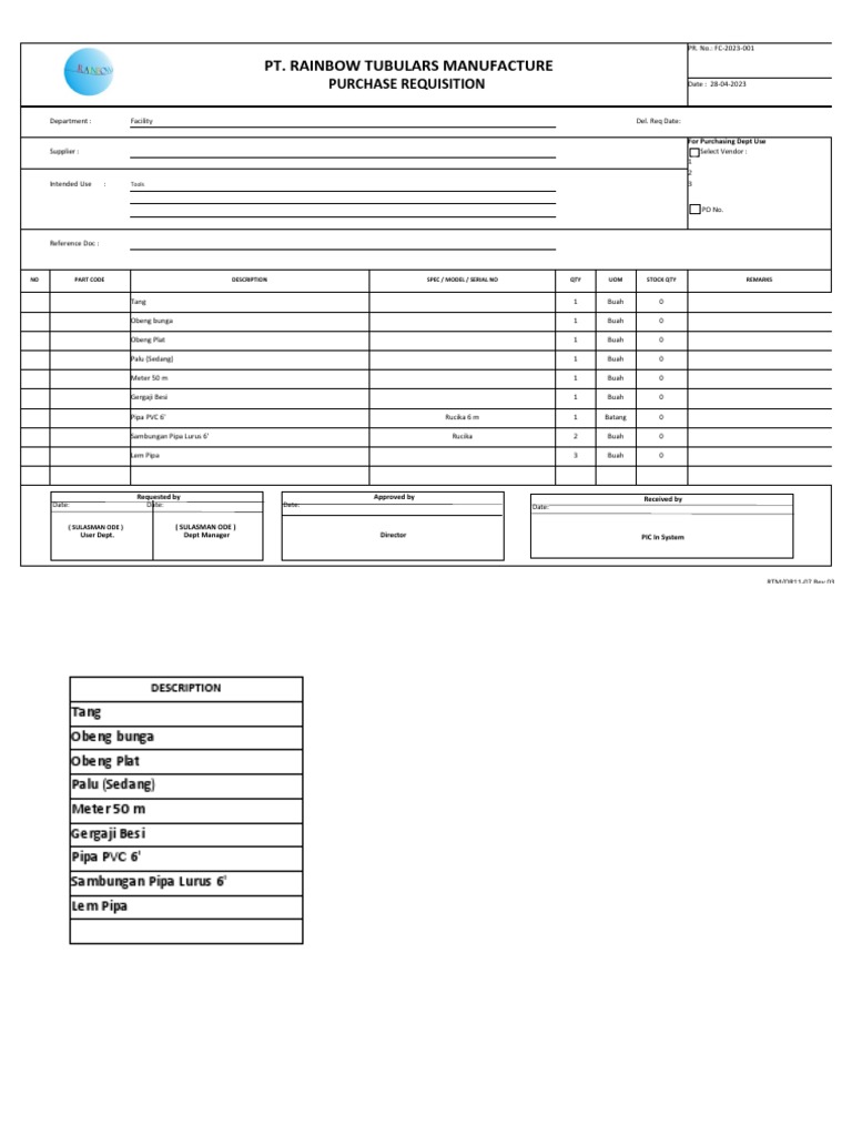 RTM - QR11-07 Rev 03 Purchase Requisition Form 1 | PDF