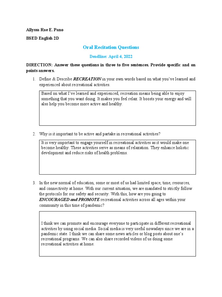 Oral Recitation Questions | PDF