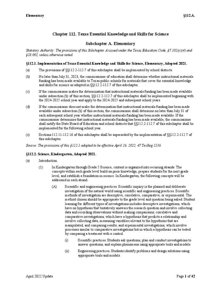 Chapter 112. Texas Essential Knowledge and Skills For Science ...