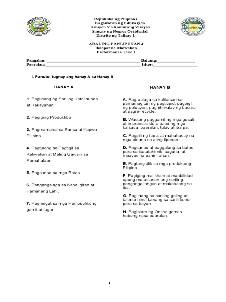 Aral Pan 4q Performance Task 1 2 | PDF