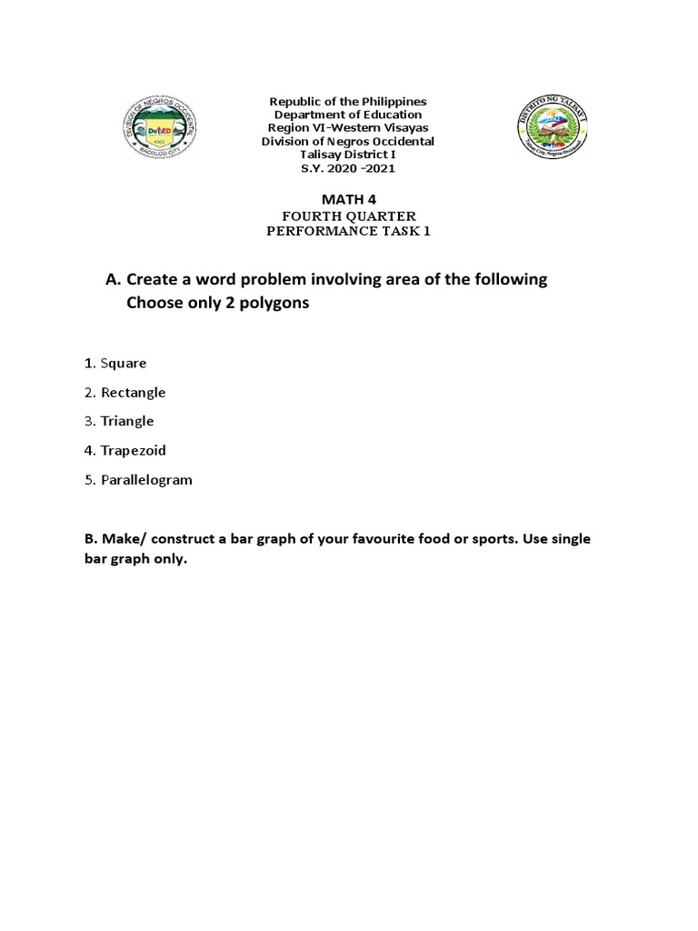 Math 4 Q4 PT1 - Word Problems on Area & Single Bar Graph | PDF