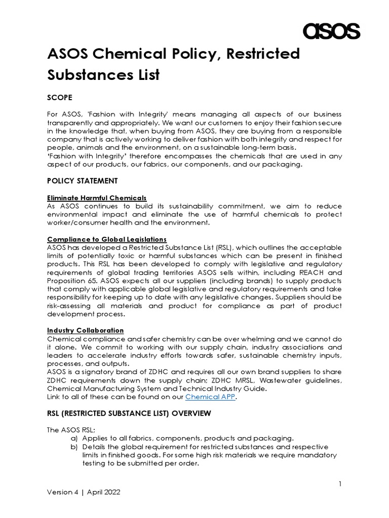 ASOS Chemical Policy Restricted Substances List | PDF
