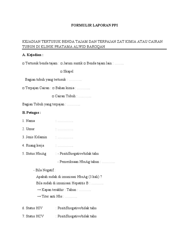 Formulir Laporan Ppi Kejadian Tertusuk Benda Tajam Dan Terpajan Zat Kimia Atau Cairan Tubuh Di ...